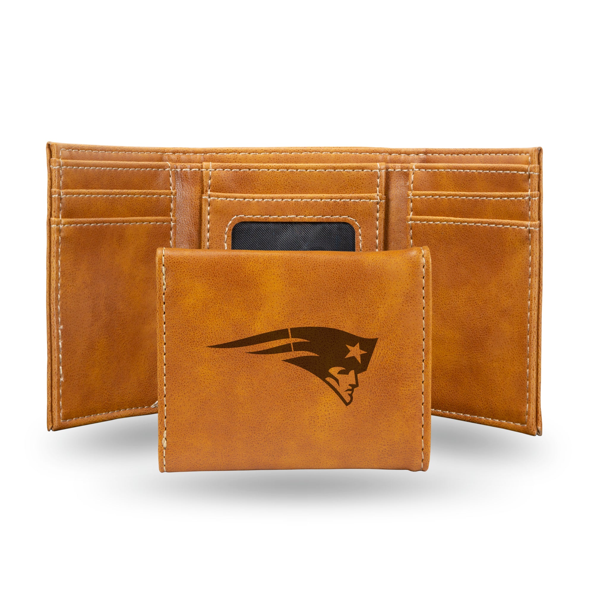 NFL New England Patriots Laser Engraved Brown Tri-Fold Wallet - Men's